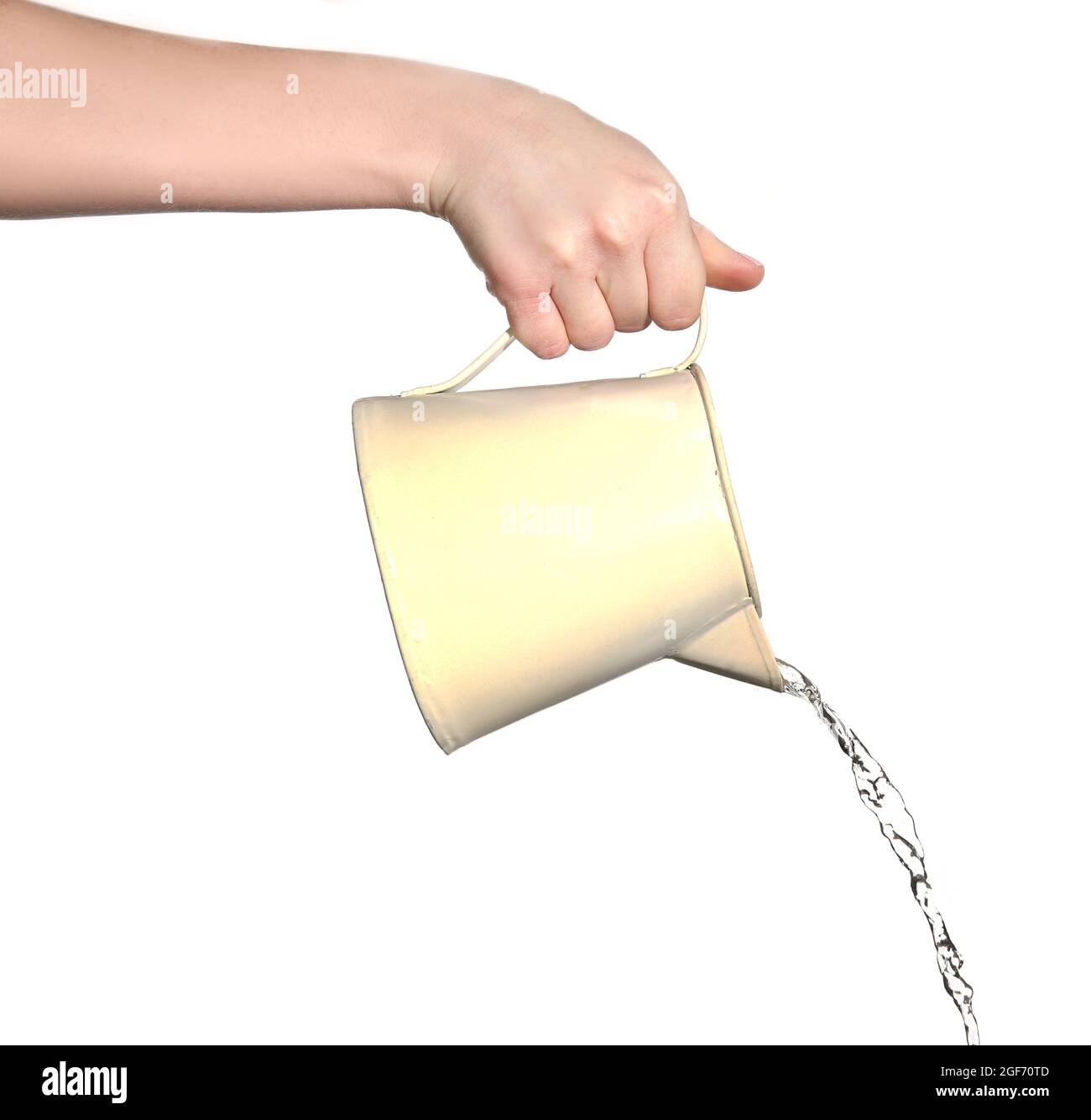 Female hand pouring water from white plastic jug, isolated on white ...