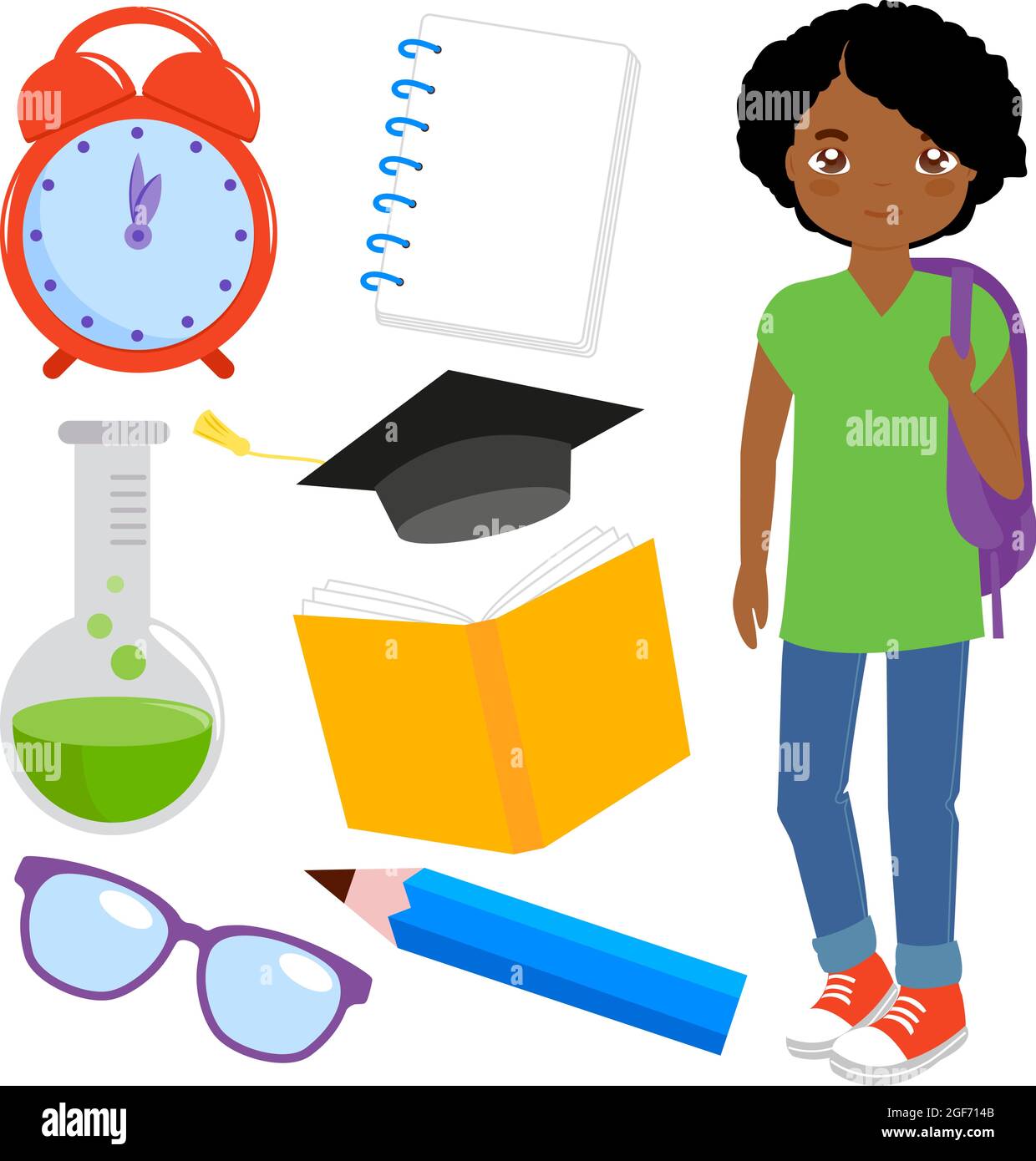 Student boy and set of school objects. Vector illustration Stock Vector ...