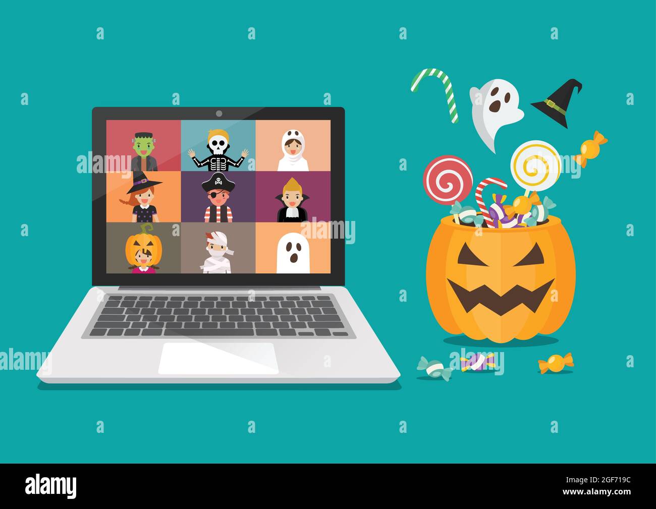 Online Halloween Party Concept. Kids in horror costumes on laptop ...