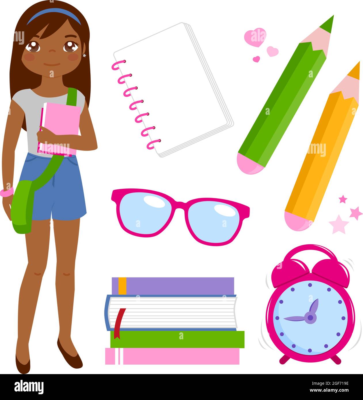 Student girl and set of school objects. Vector illustration Stock ...