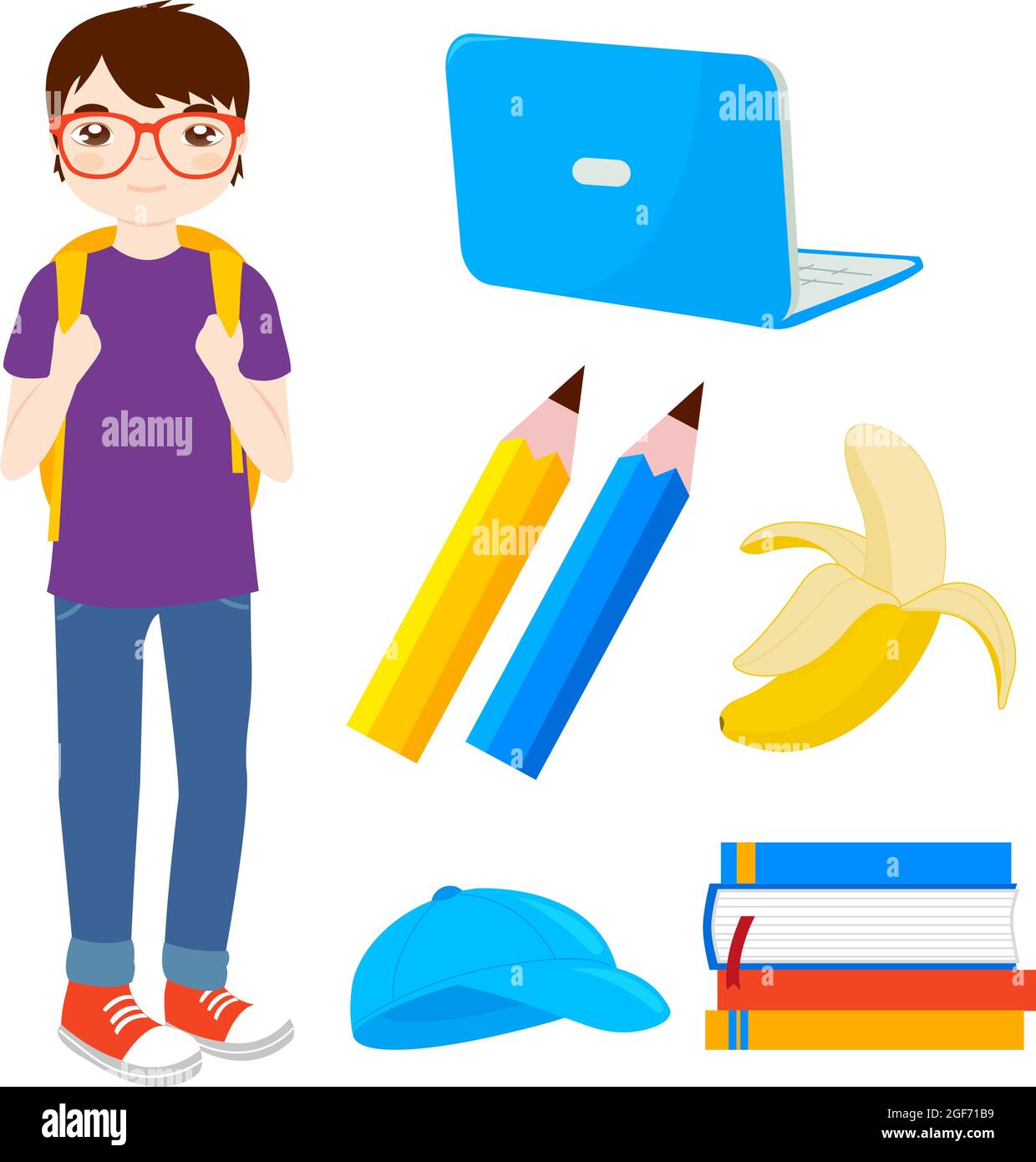 Student boy and set of school objects. Vector illustration Stock Vector ...