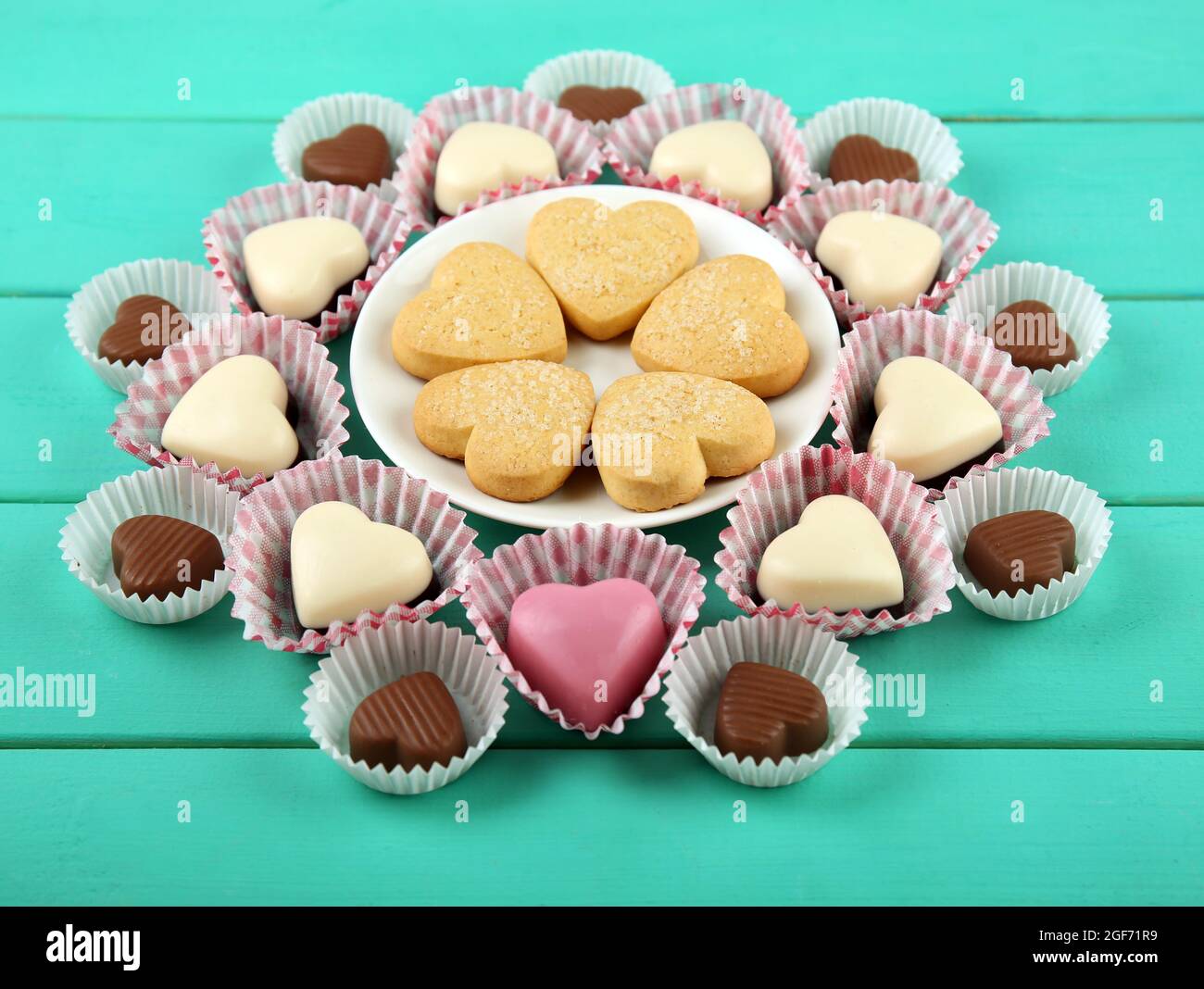 Valentine's Day concept. Composition of delicious chocolate candies and ...