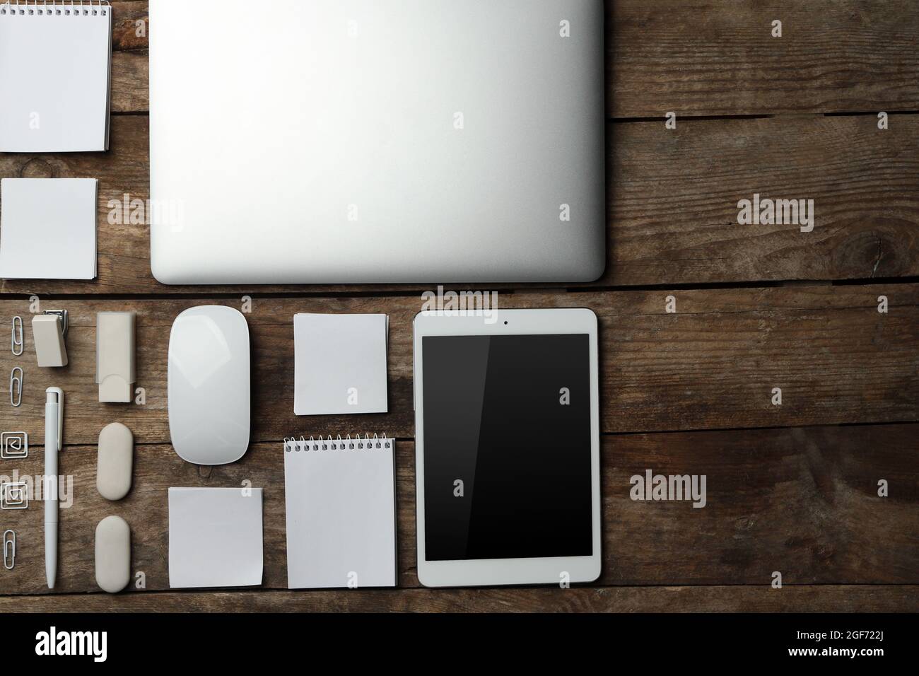 Set of office stationery with a computer on a wooden background Stock ...
