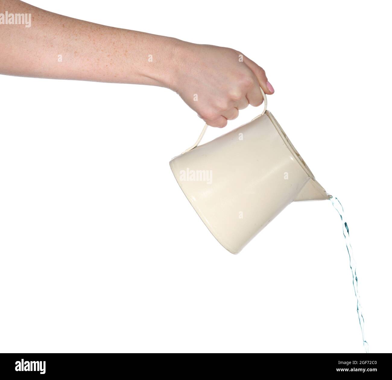 Female hand pouring from white plastic jug, isolated on white Stock ...