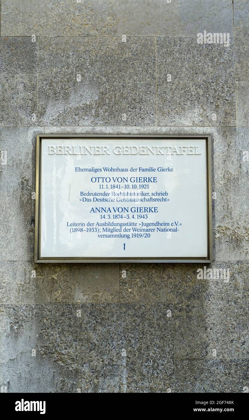 Memorial plaque of Otto von Gierke and Anna von Gierke, Berlin, Germany ...