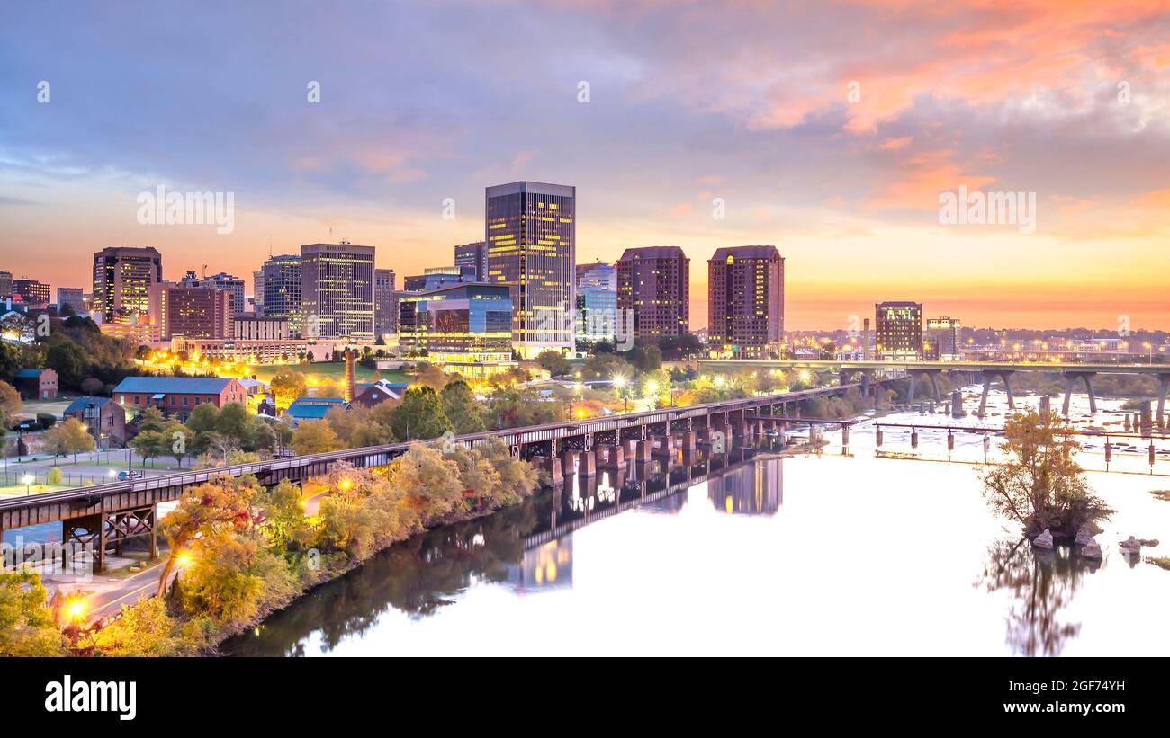 Downtown Richmond, Virginia skyline and the James River at twilight ...