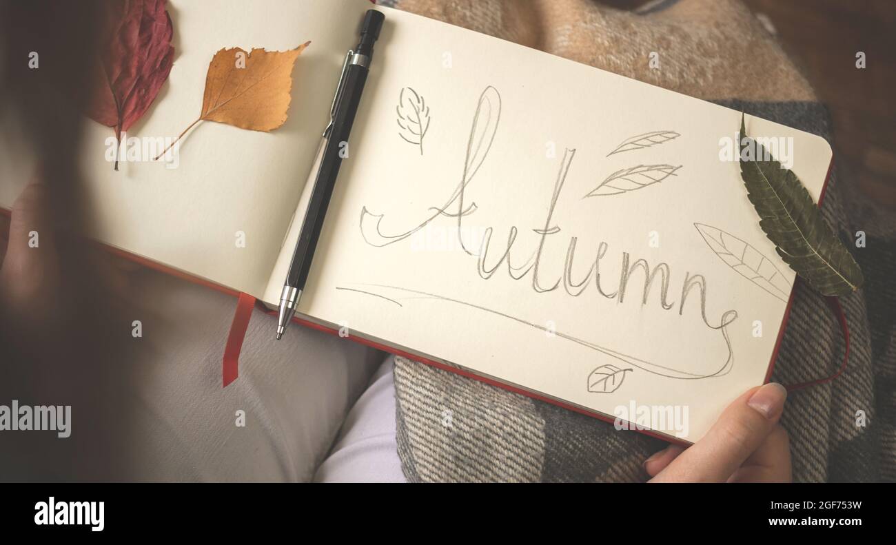 Autumn write a diary background. Cozy home concept Stock Photo - Alamy