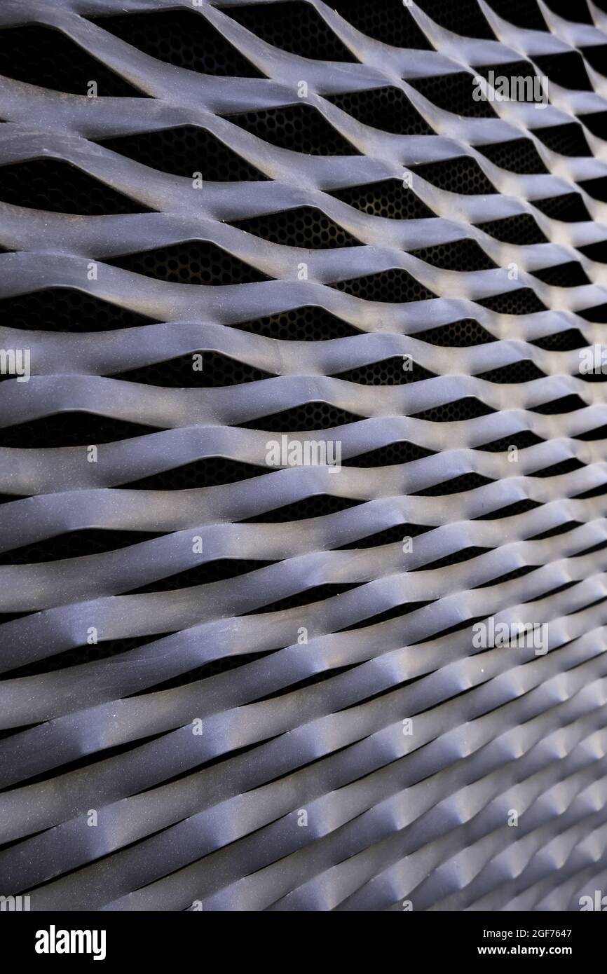 Detail of metal protection fence decorated, painted steel with shapes ...