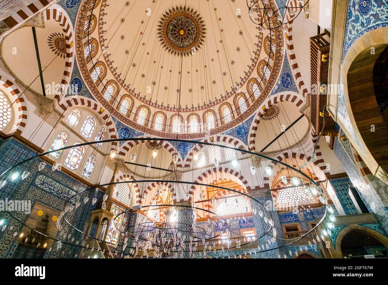 A look at the dome, chandelier and interior. The Rustem Pasa Camii Mosque in Istanbul, Turkey ...