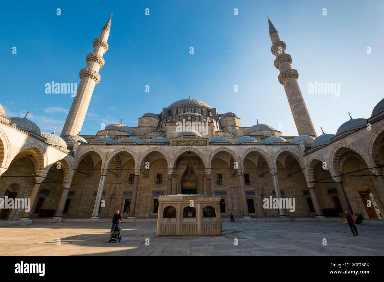 Low angle, graphic view from the courtyard with minarets. At the big ...