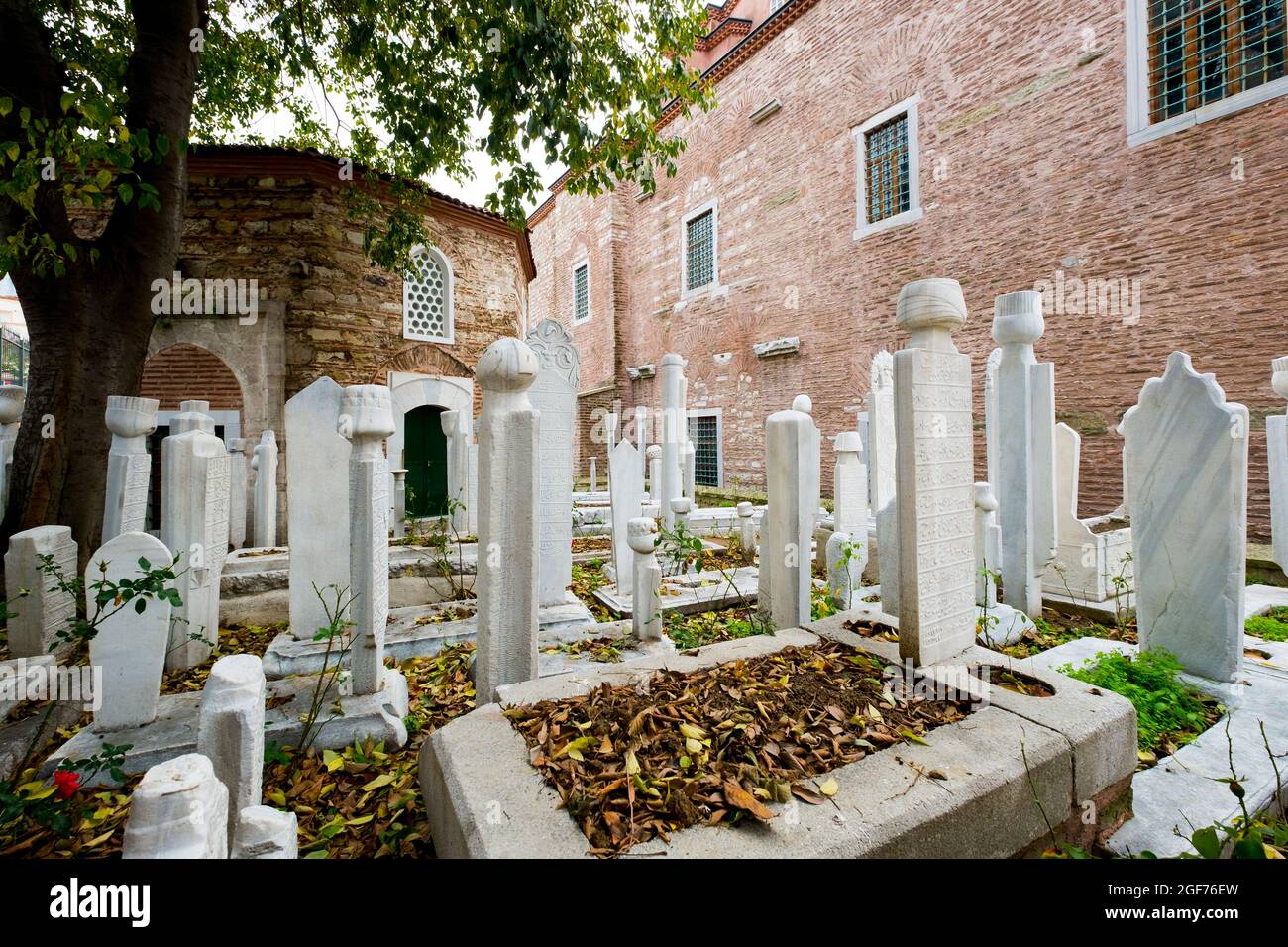 A small, old, Muslim, Islamic cemetery, graveyard with marble ...