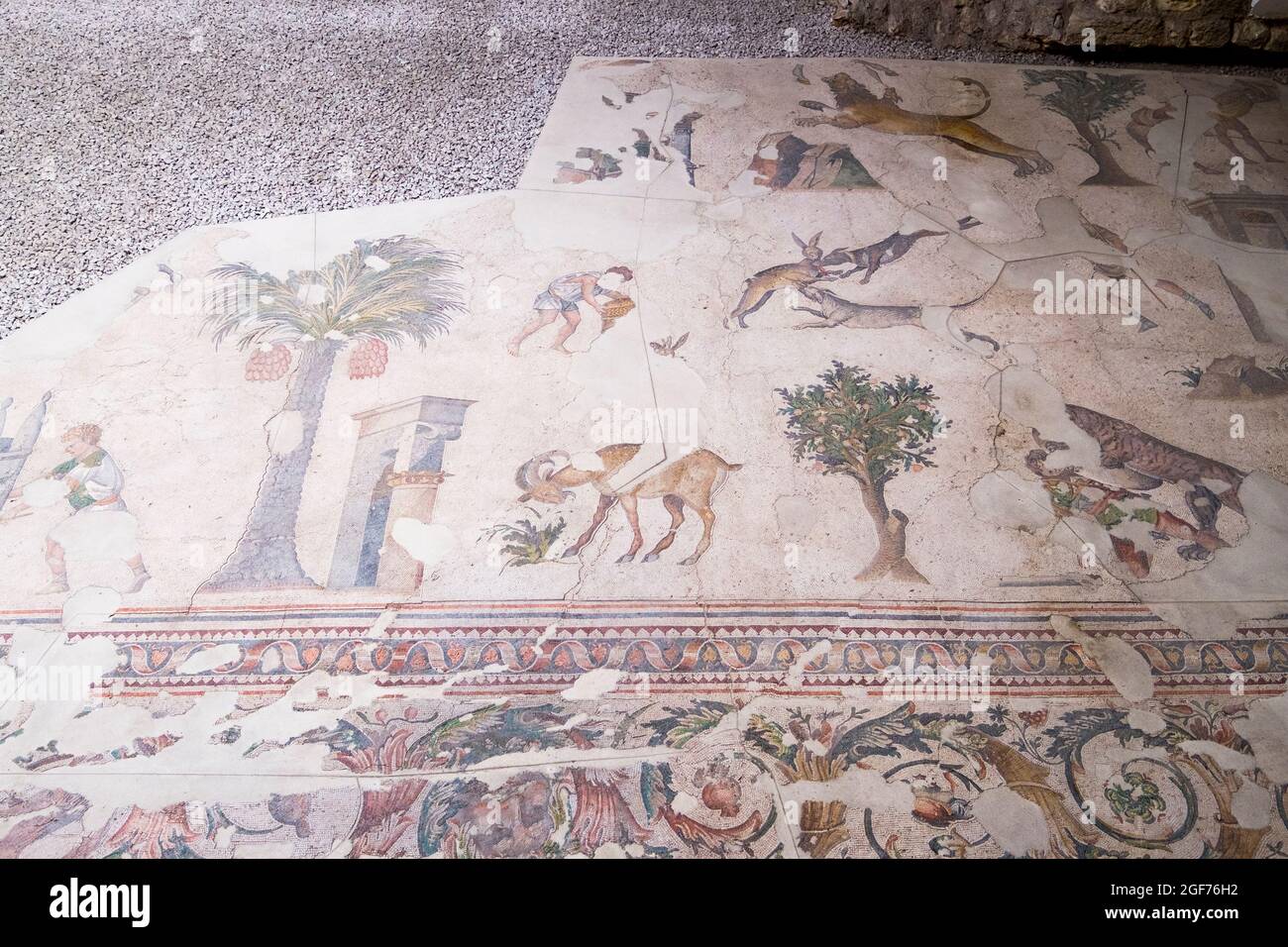 A section of mosaic depicting an eating goat and hunting animals. At ...