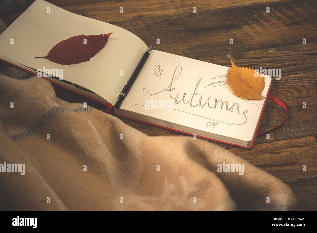 Cozy home composition background, with notepad and autumn leaves Stock ...