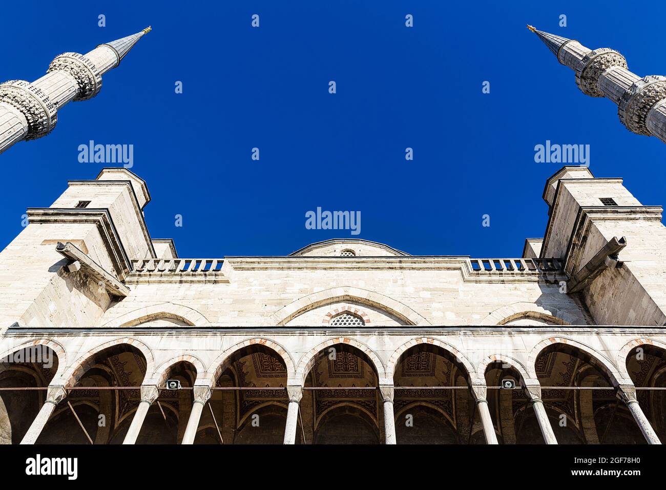 Inner courtyard facade with portico and minarets, Blue Mosque, Sultan ...