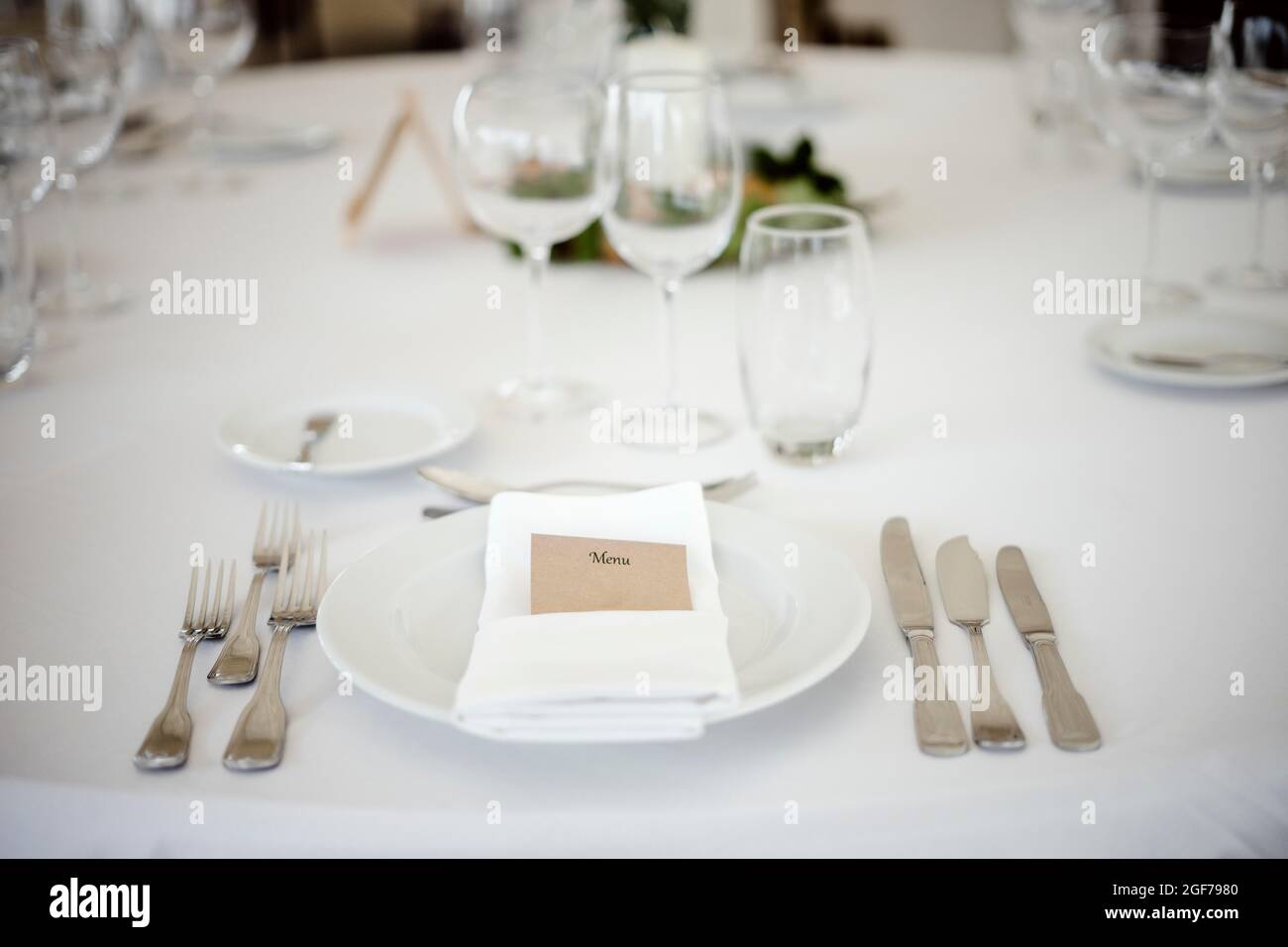 Table setting in a fancy restaurant before wedding reception Stock ...