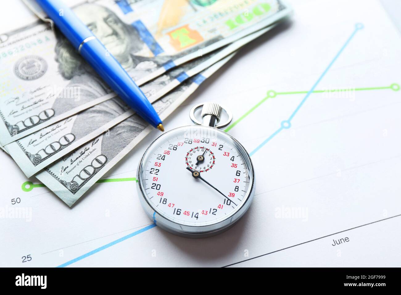 Stopwatch with dollar banknotes and pen on paper background Stock Photo ...