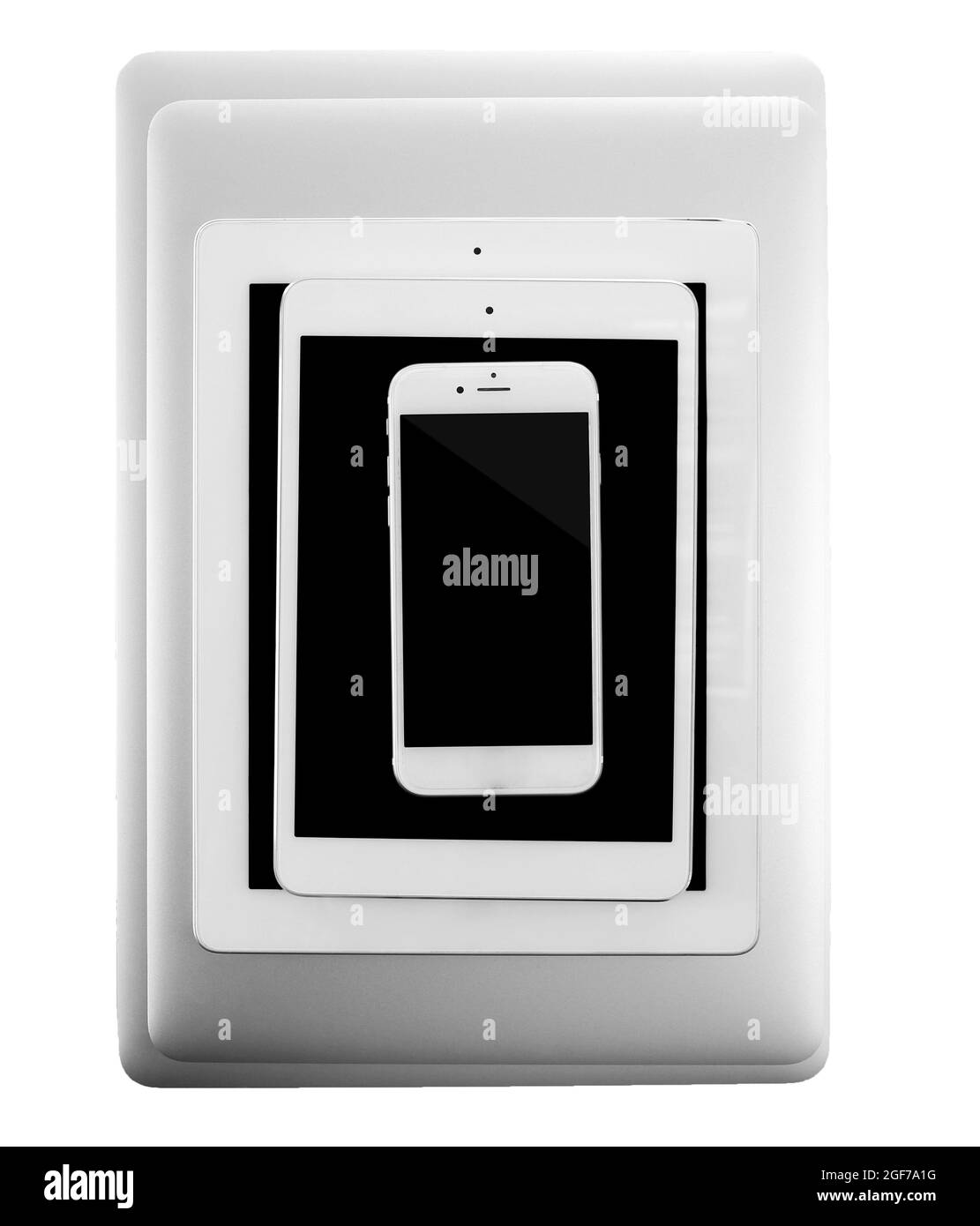 Stack of electronic devices on a white desk, top view Stock Photo - Alamy