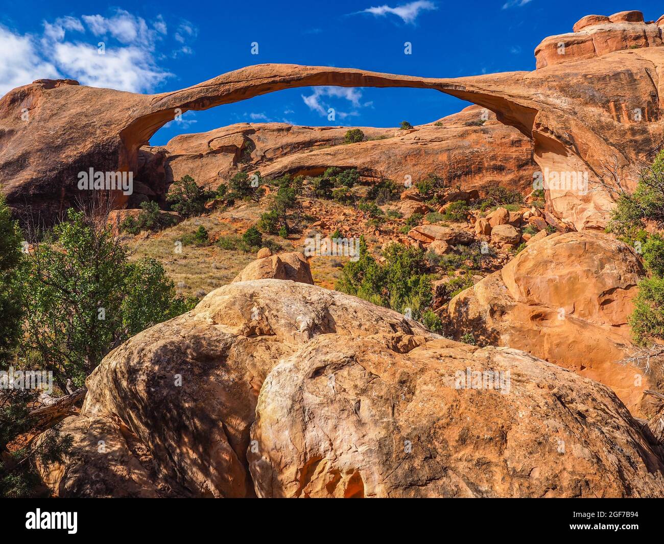 Landscape Arch, stone arch formed by erosion of the red sandstone ...