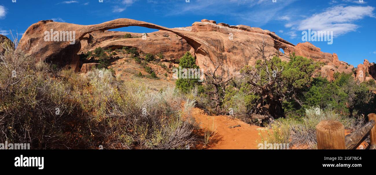 Landscape Arch, stone arch formed by erosion of the red sandstone ...