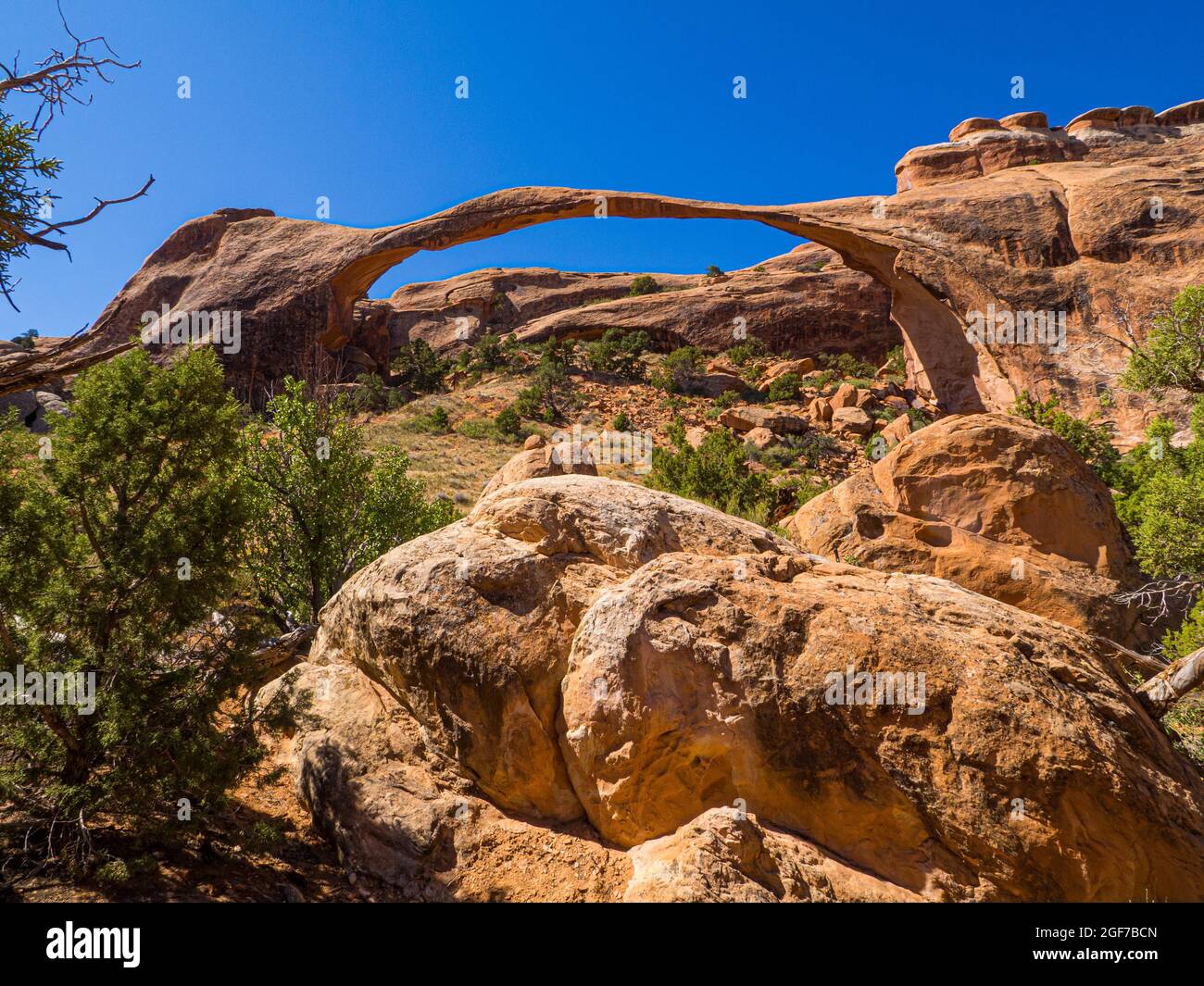 Landscape Arch, stone arch formed by erosion of the red sandstone ...