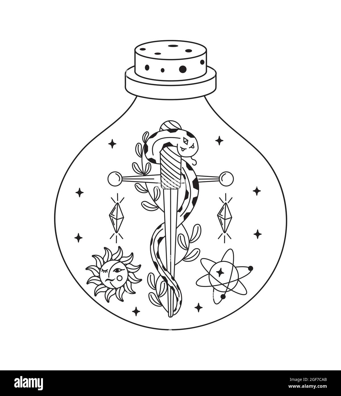 Celestial, mystery potion. Esoteric, witch bottle with magic crystals ...
