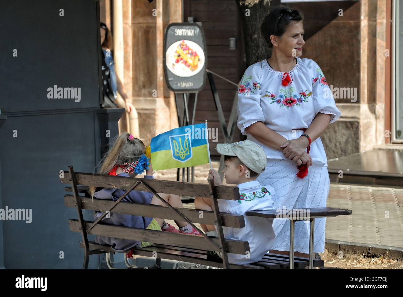 Odessa, UKRAINE - AUGUST 24, 2021 - A woman wearing a vyshyvanka and ...