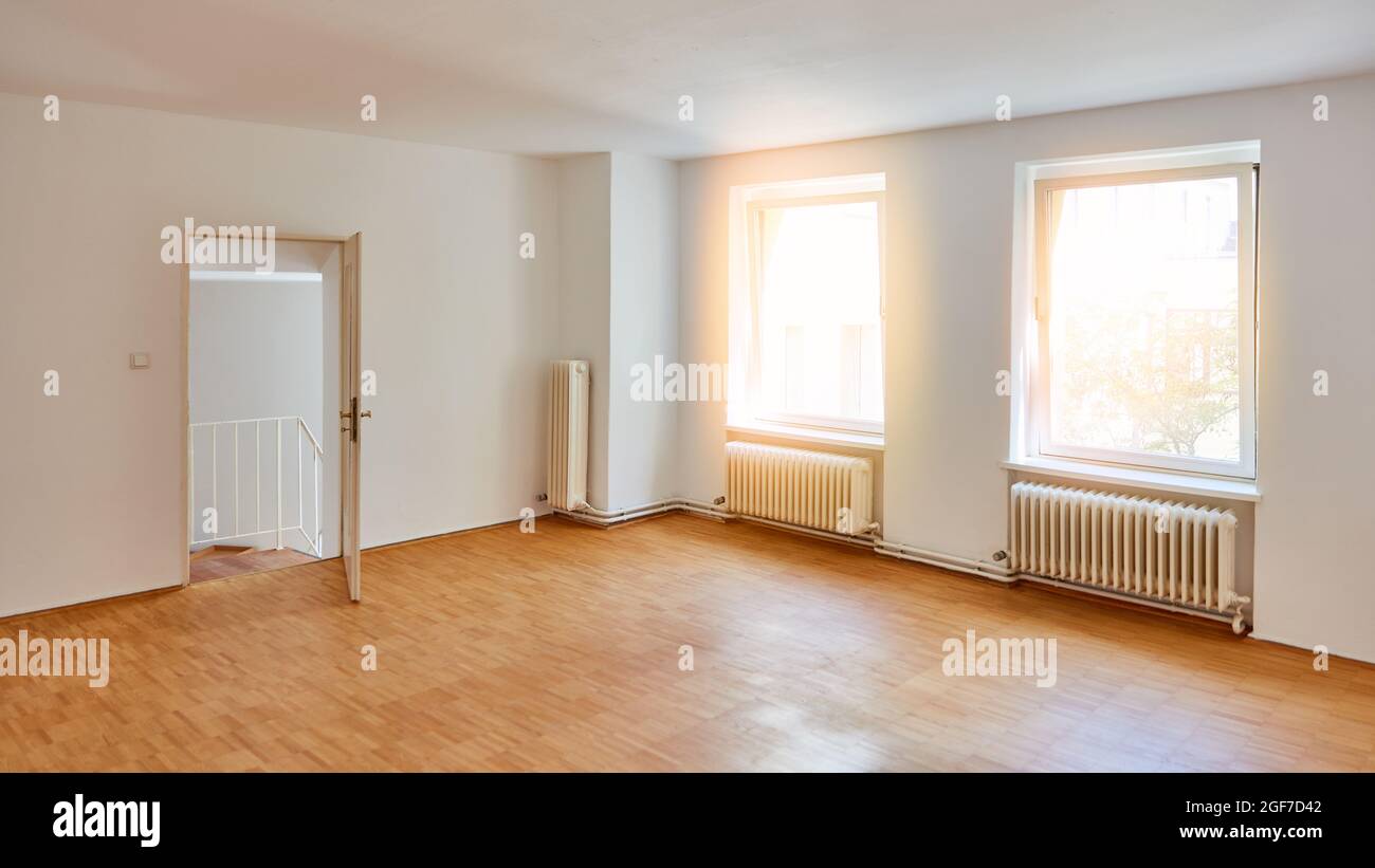 Bright sunny windows in an empty white room in old building apartment ...