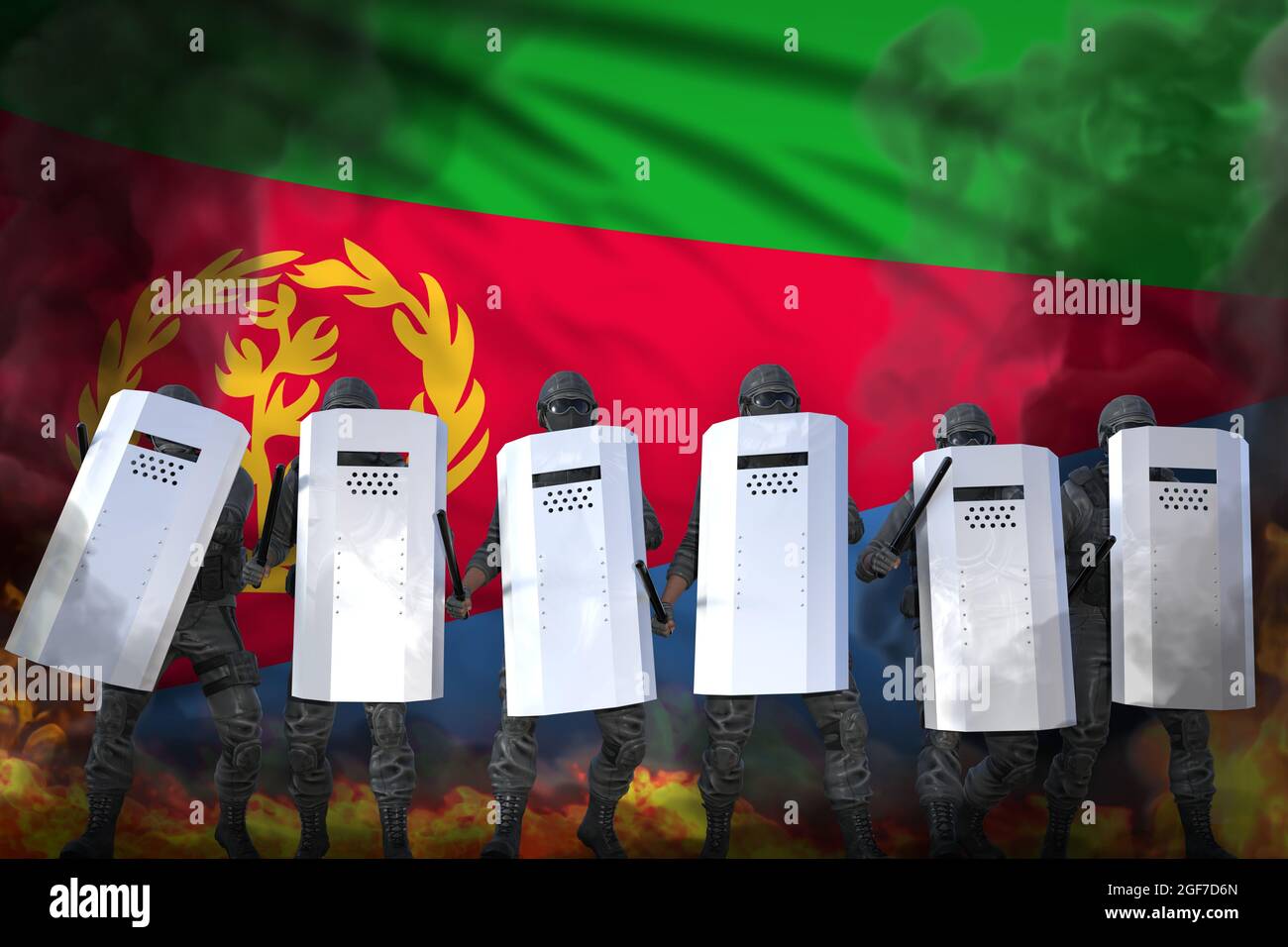 Eritrea police squad in heavy smoke and fire protecting law against ...