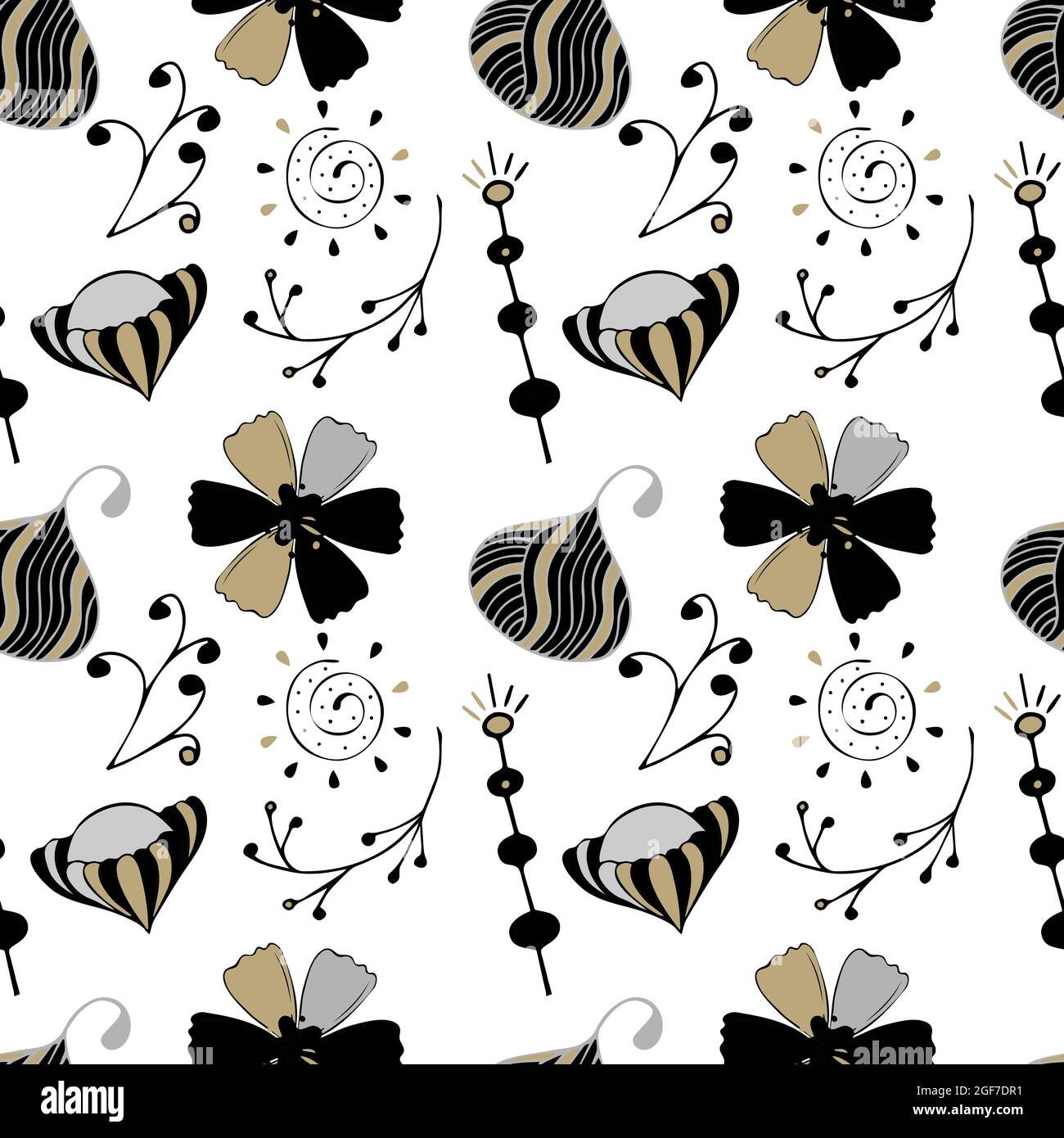 Seamless pattern doodle flowers branches, hand drawing, black gold ...