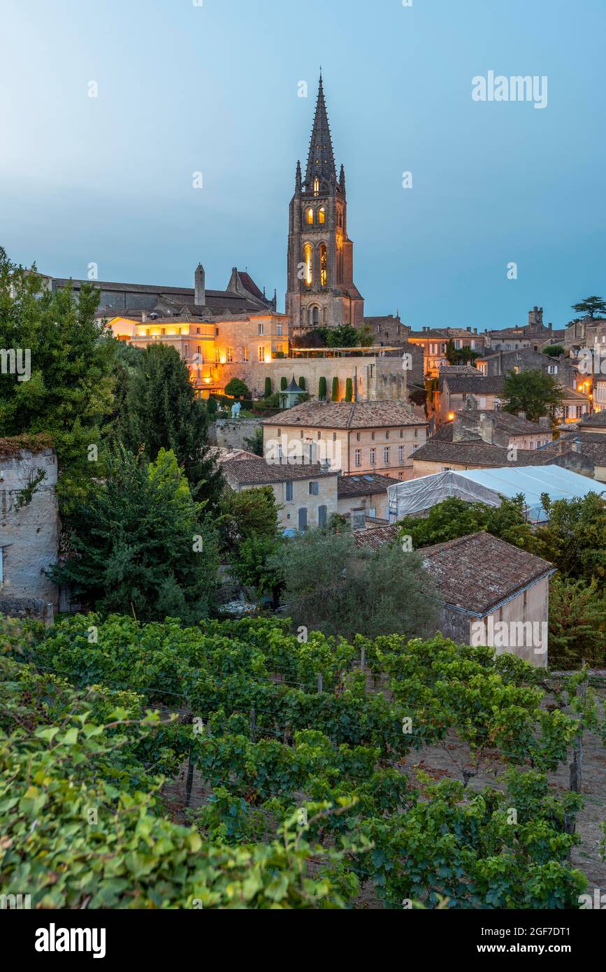 Old town and rock church, evening mood, Saint-Emilion, Departement ...