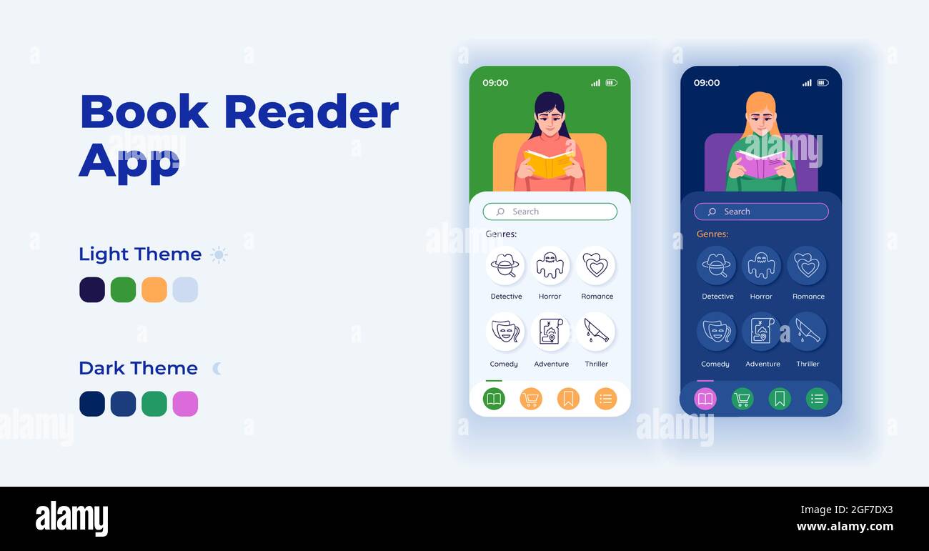 Digital book reader cartoon smartphone interface vector templates set ...