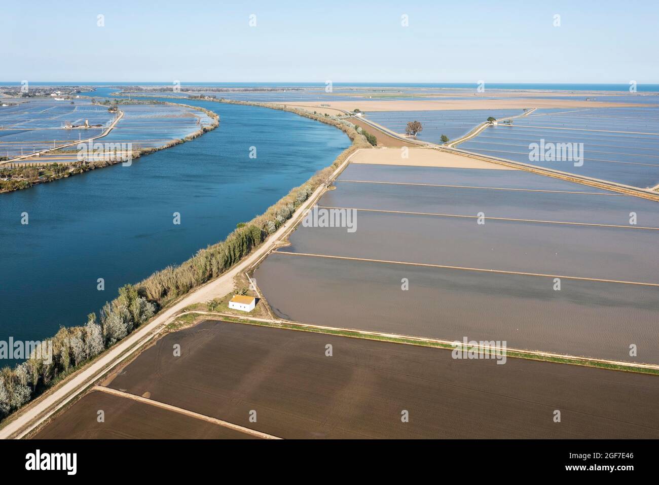 Ebro river and flooded rice fields in May, aerial view, drone shot ...