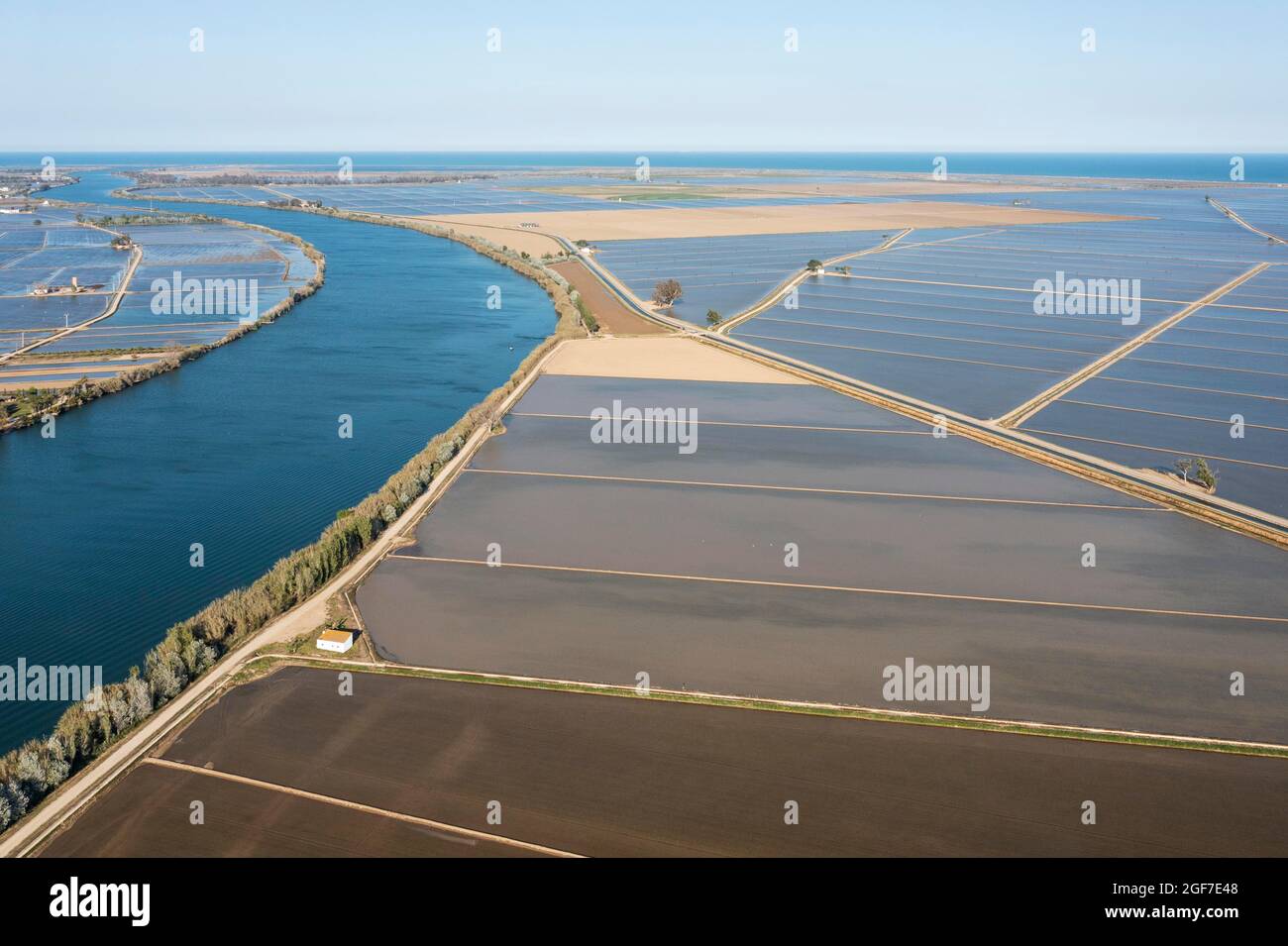 Ebro river and flooded rice fields in May, aerial view, drone shot ...