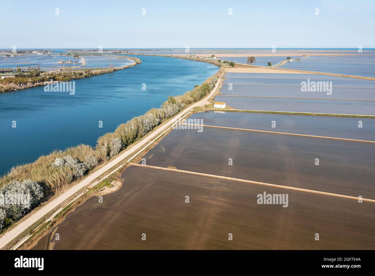 Ebro river and flooded rice fields in May, aerial view, drone shot ...