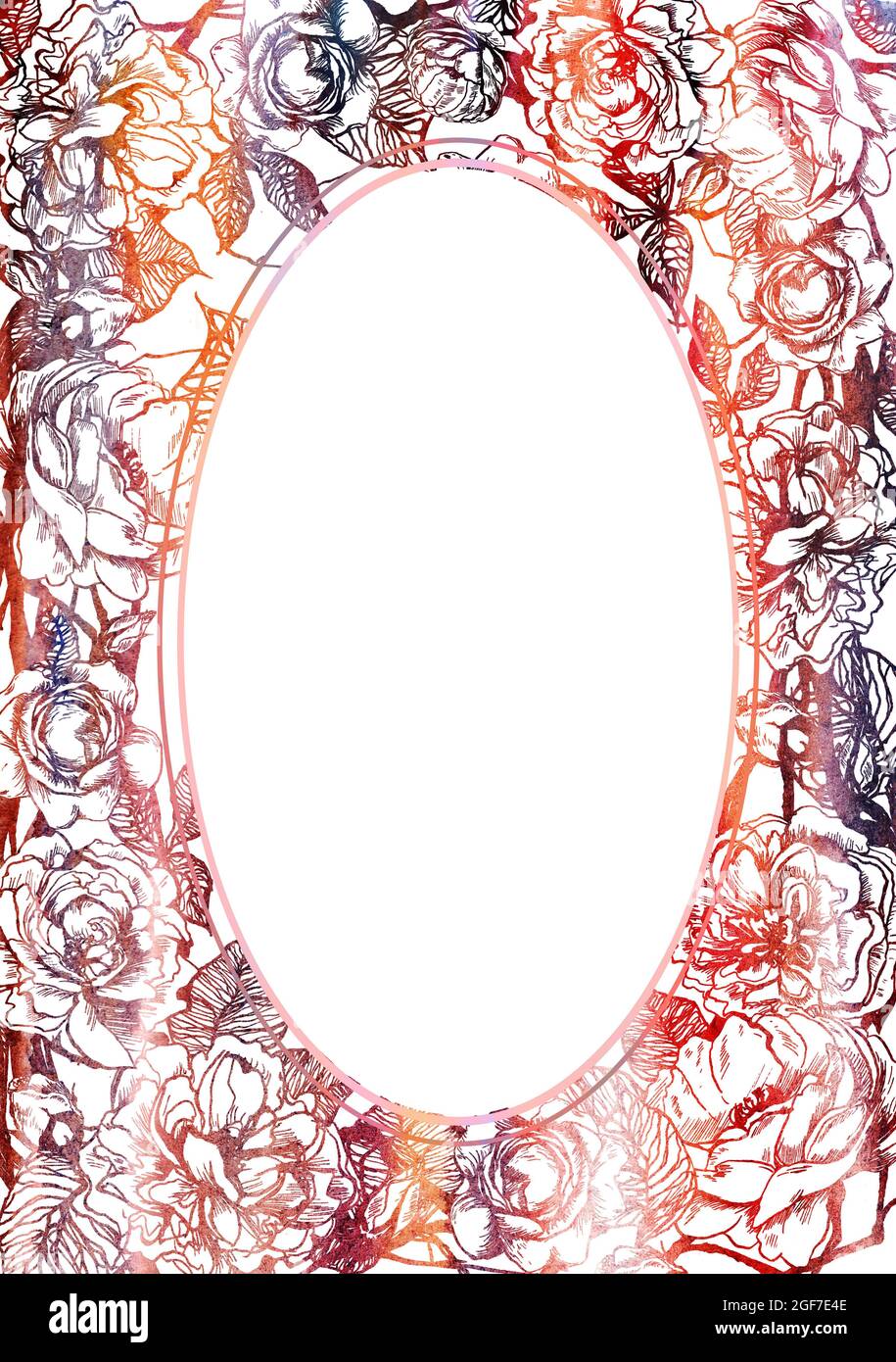 Hand drawn floral vertical oval frame with graphic roses flowers Stock ...