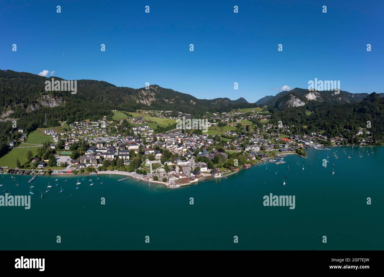 Drone image, Sankt Gilgen am Wolfgangsee with Plombergstein ...