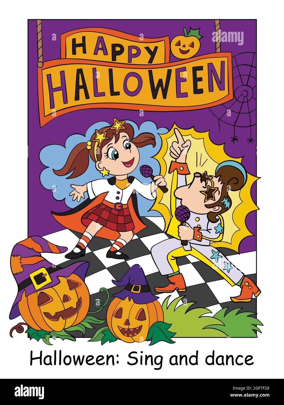 Funny children in costumes of retro singers sing on stage. Halloween ...