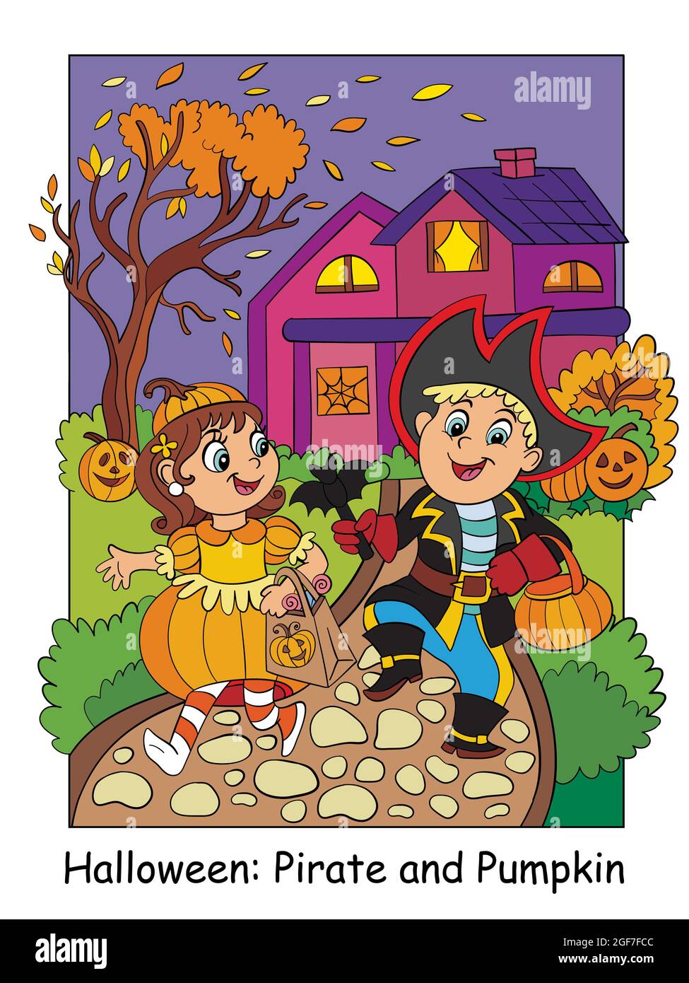 Children in costumes of pumpkin and pirate. Halloween concept. Cartoon ...