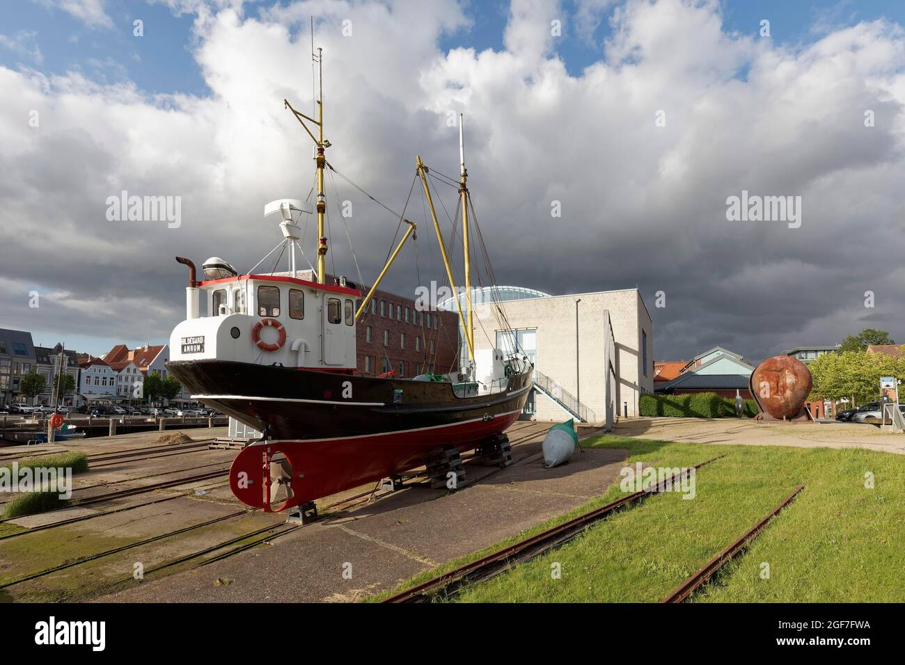 Slipway of the historic shipyard with museum ship, buoy layer Hildegard ...