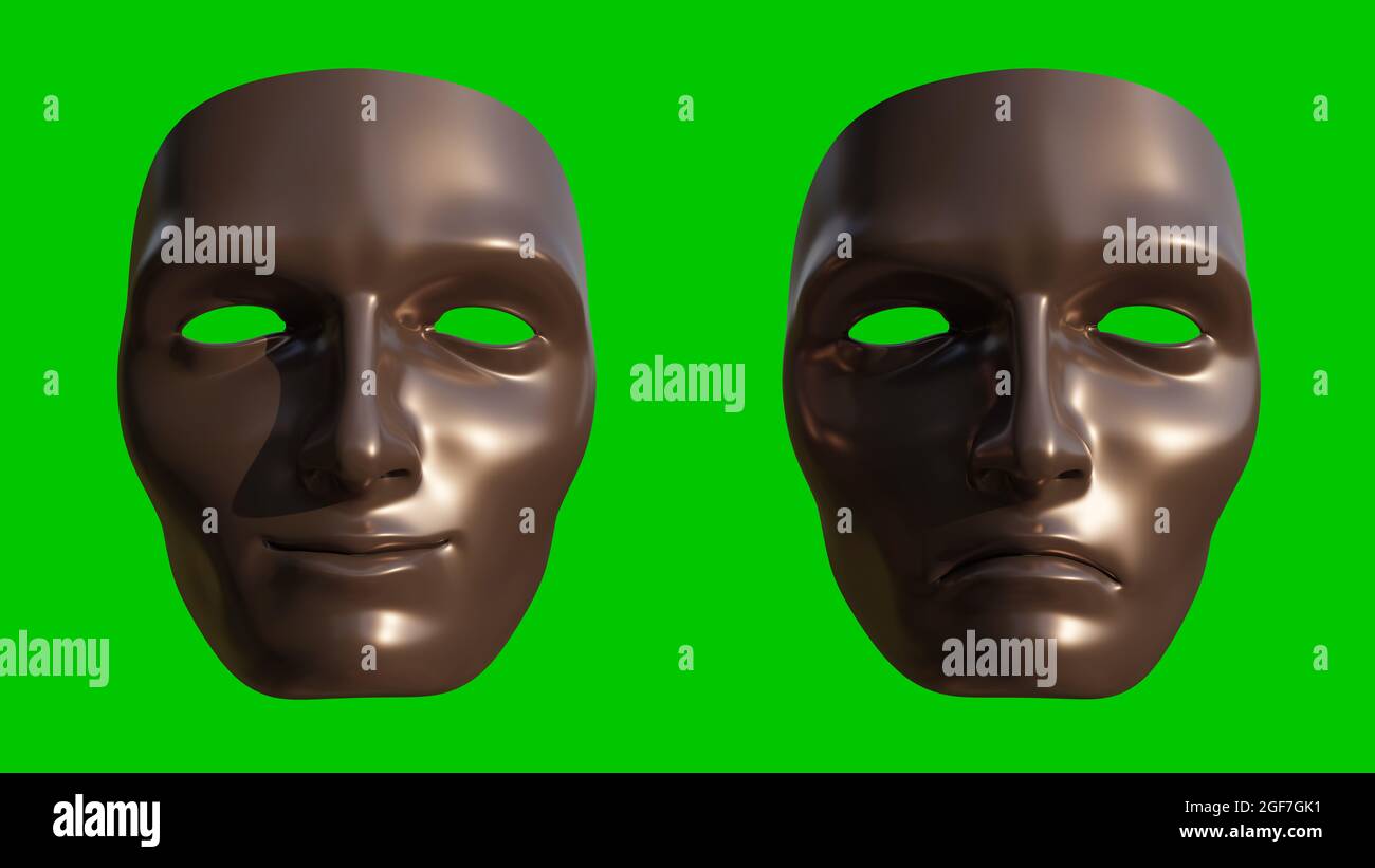 Happy and sad mask in green screen. Facial expressions. 3D rendering ...