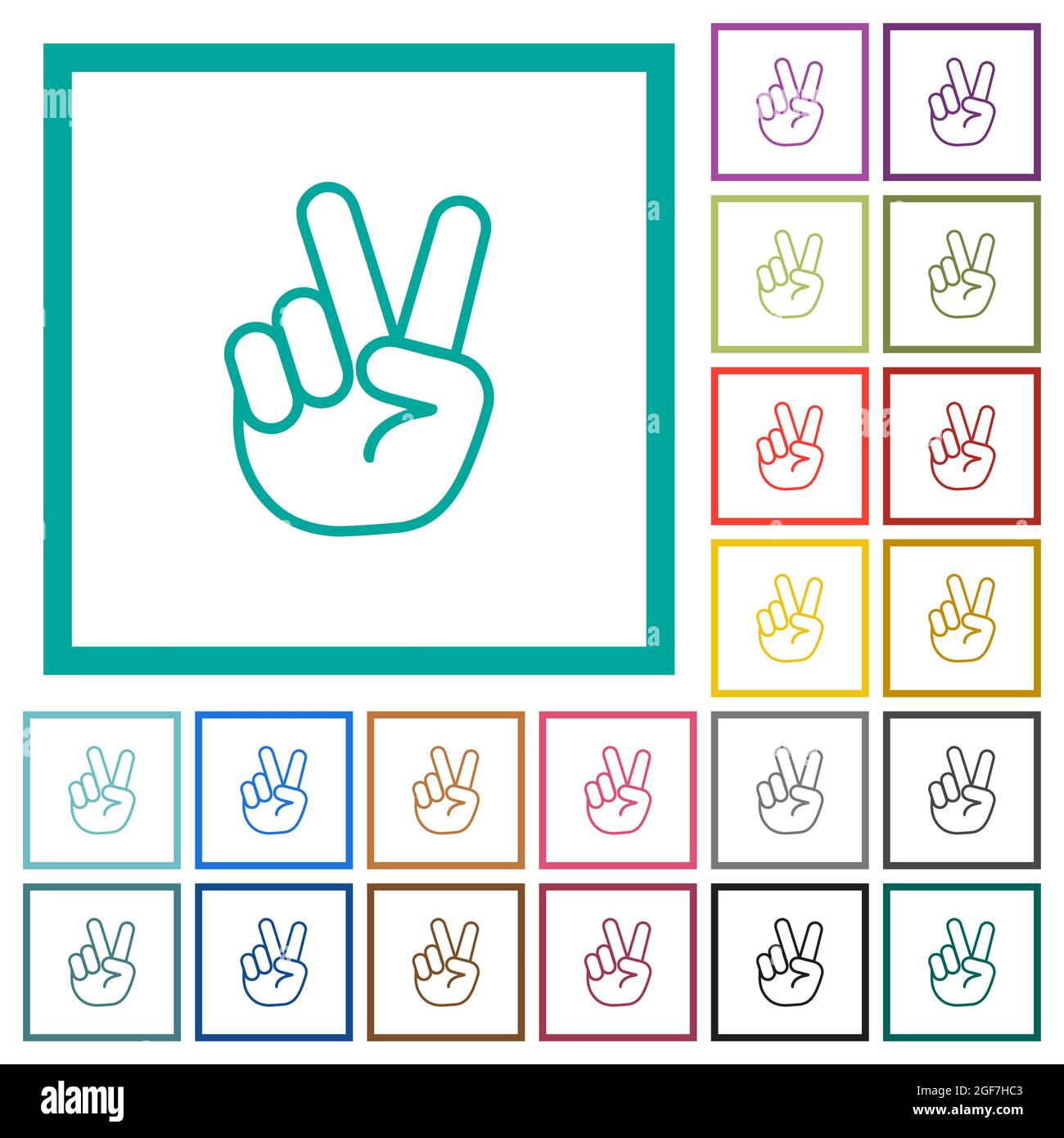 Victory sign hand gesture flat color icons with quadrant frames on ...