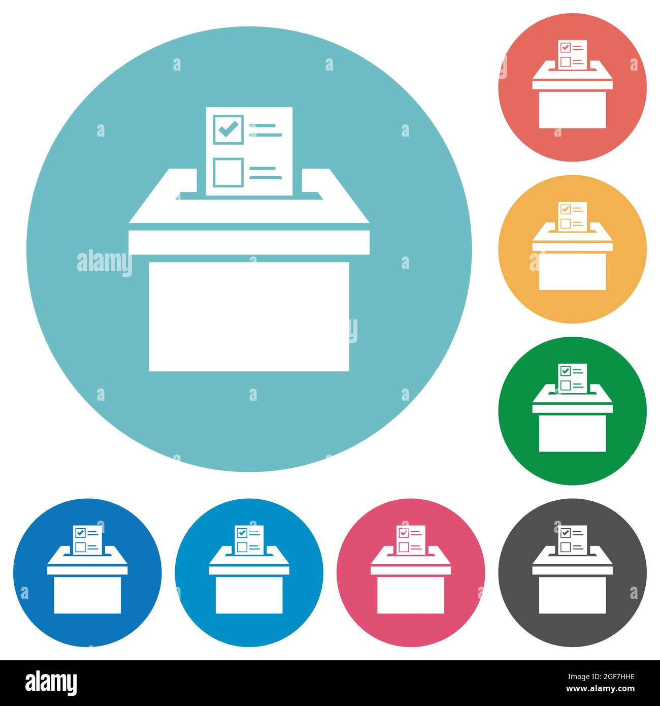 Voting paper and ballot box solid flat white icons on round color ...