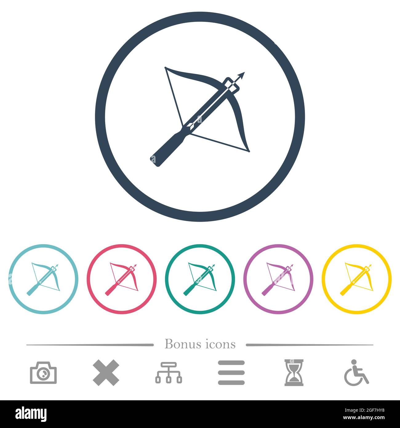 Crossbow with arrow flat color icons in round outlines. 6 bonus icons ...