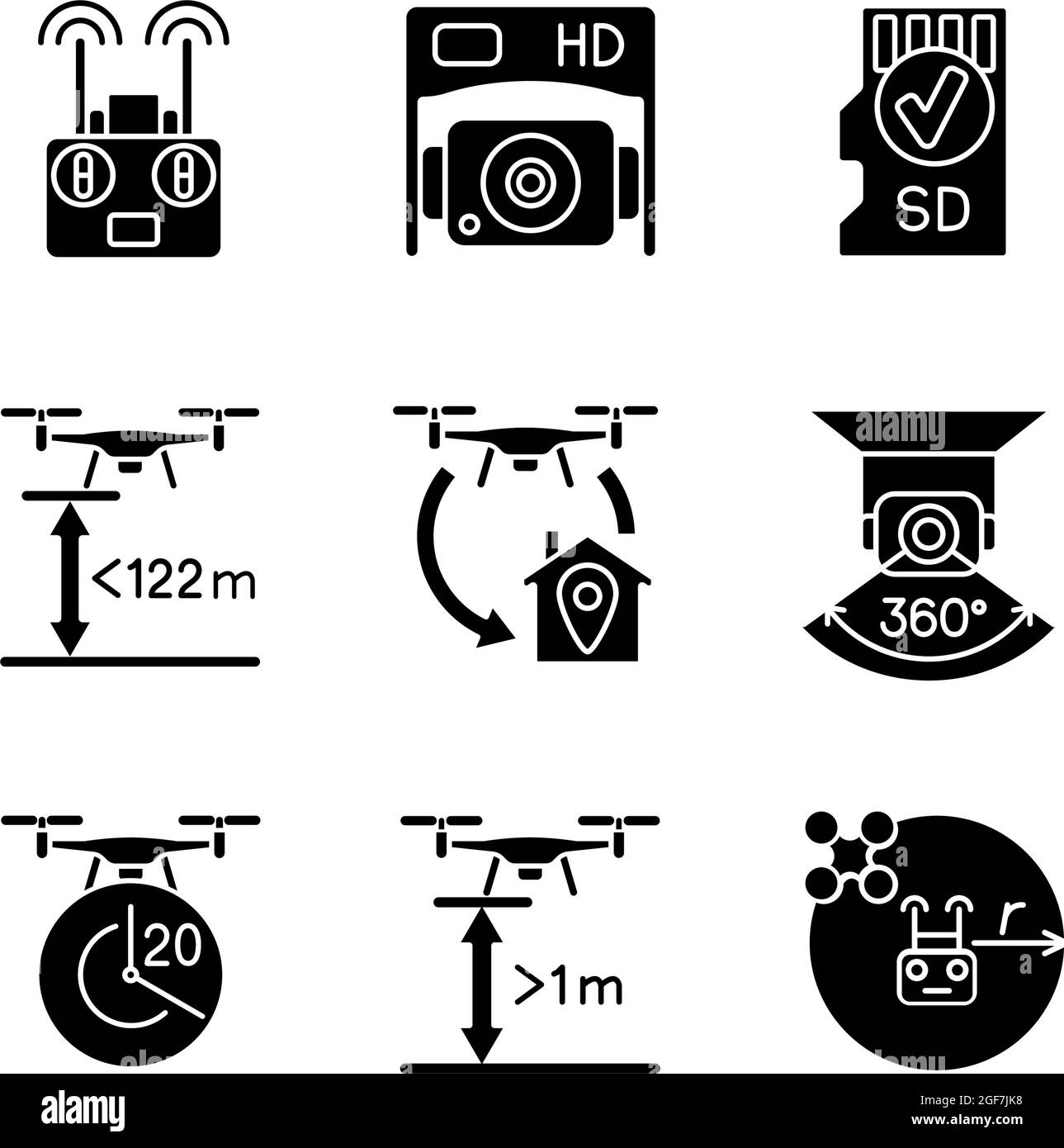 Drone care black glyph manual label icons set on white space Stock ...