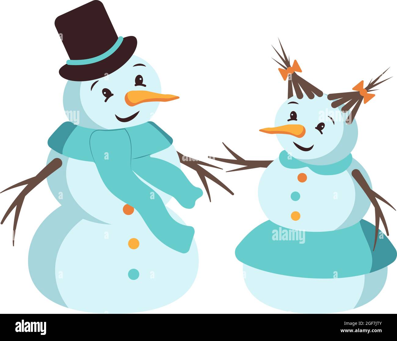 Happy snowman and snow woman with face, hat, carrot and scarf. Merry ...