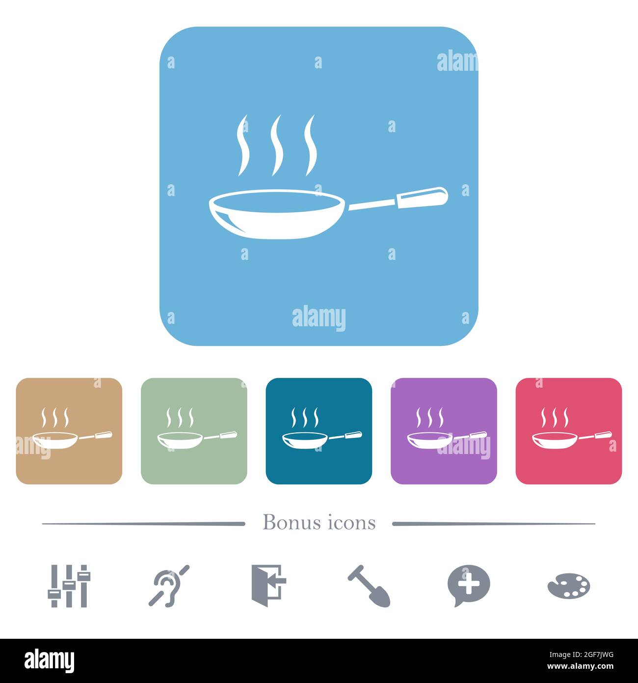 Glossy steaming frying pan white flat icons on color rounded square ...