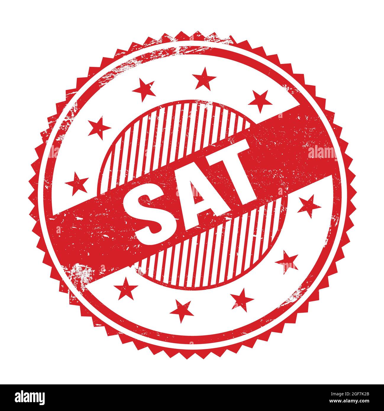 SAT text written on red grungy zig zag borders round stamp Stock Photo ...