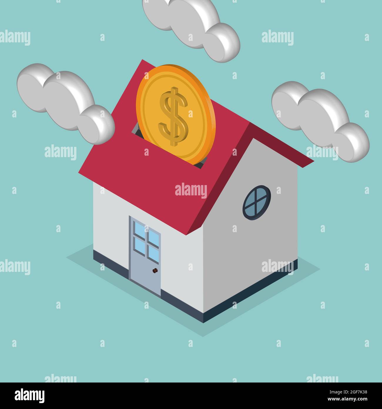 The gold dollar goes into the house shaped piggy bank. Isometric design ...