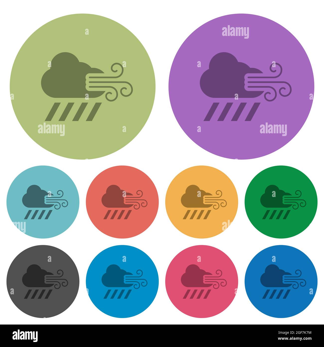 Windy and downpour weather darker flat icons on color round background ...