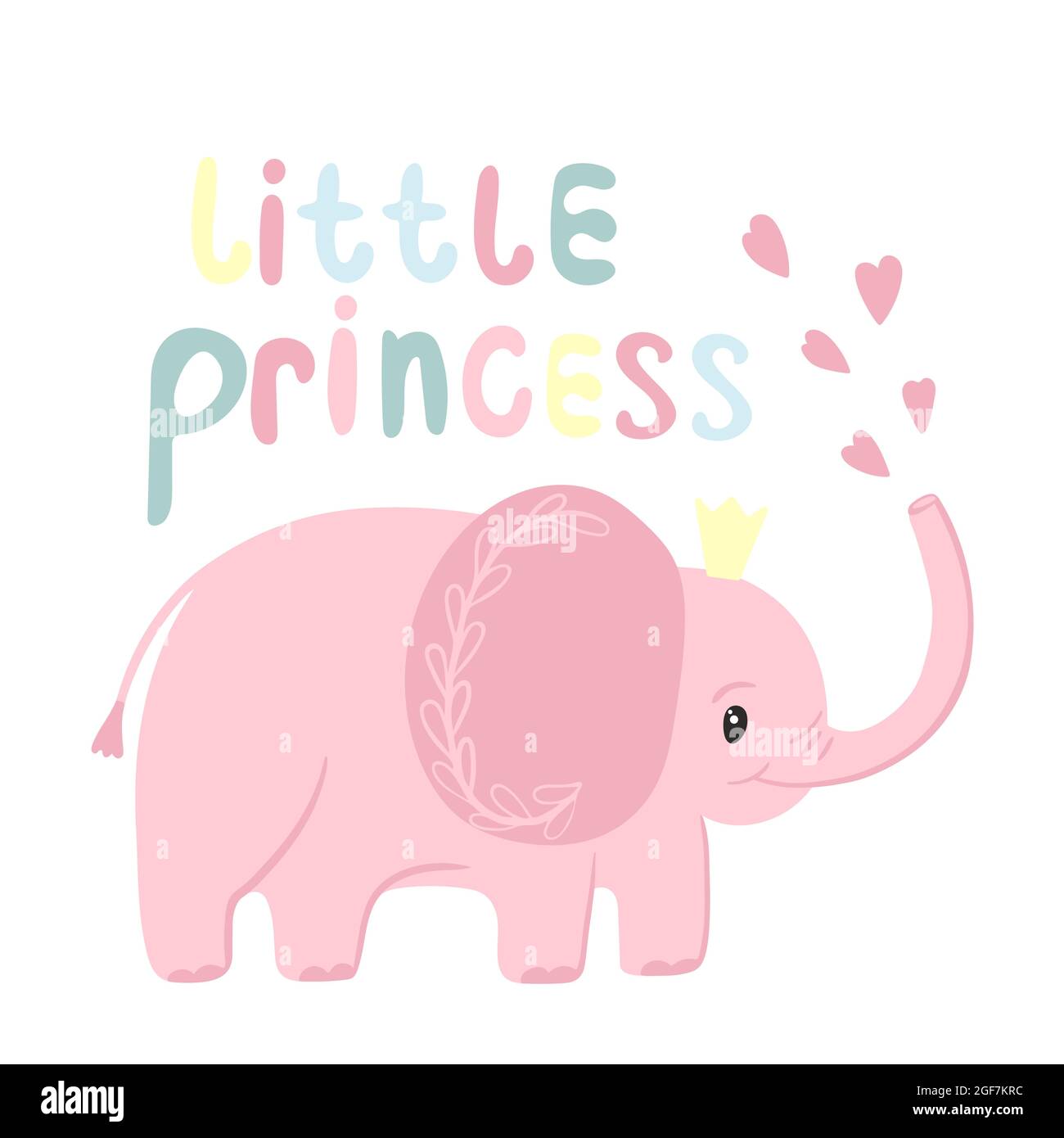 Pink elephant with crown and hand lettering little princess. Greeting ...
